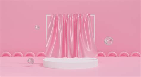 실크 패브릭으로 파스텔 배경에 핑크 포디움을 3d로 포디움 추상 공백 무대 커튼 화장품 모형 및 디스플레이 제품에 대한 3d 렌더링 크리에이티브 아이디어 최소한의 장면