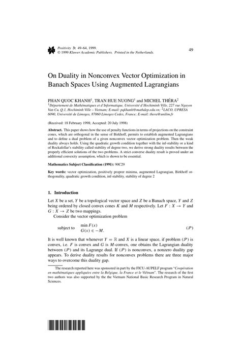 Pdf On Duality In Nonconvex Vector Optimization In Banach Spaces Using Augmented Lagrangians