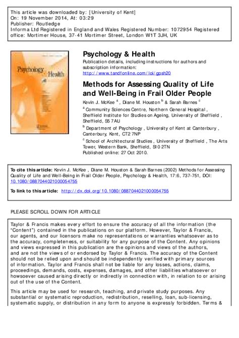 Pdf Methods For Assessing Quality Of Life And Well Being In Frail Older People