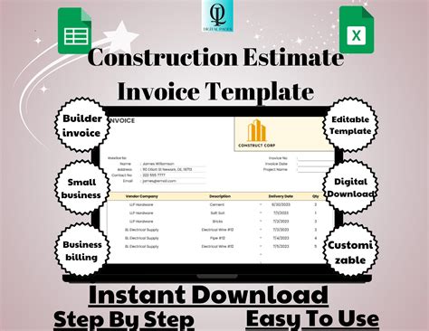 Construction Estimate Invoice Template Digital Download Editable