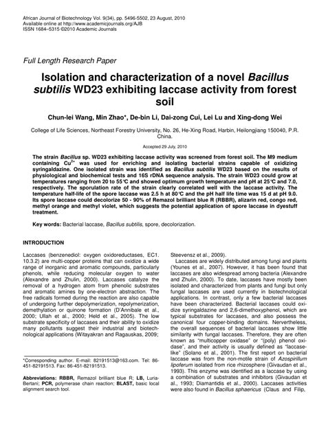 Pdf Isolation And Characterization Of A Novel Bacillus Subtilis Wd23 Exhibiting Laccase