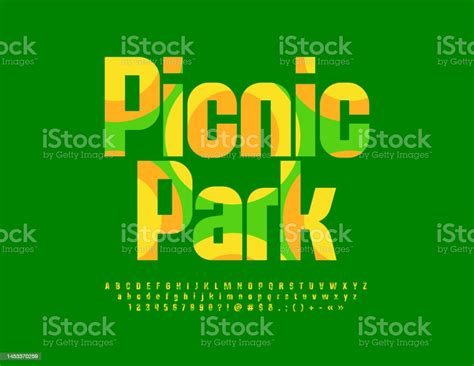 벡터 녹색 배너 피크닉 공원입니다 창조적 인 알파벳 문자 숫자 및 기호 세트 건강한 식생활에 대한 스톡 벡터 아트 및 기타 이미지 건강한 식생활 계절 공원 Istock