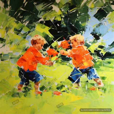 Ai创作图油画小孩 油画刀刮画抽象光影 孩童玩耍画 孪生儿之一 小朋友油画 艺术拼画 魔方油画 印象壁画 拼接画 欢乐油画 童年墙画 油画质地