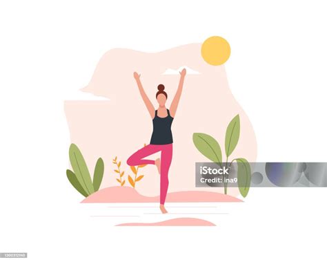 자연과 잎에서 요가를하는 여성 캐릭터 요가 명상 건강한 라이프 스타일을 연습하기위한 개념 그림 응용 프로그램 웹 디자인에 대한 다채로운 요가 개념 평면의 현대 벡터