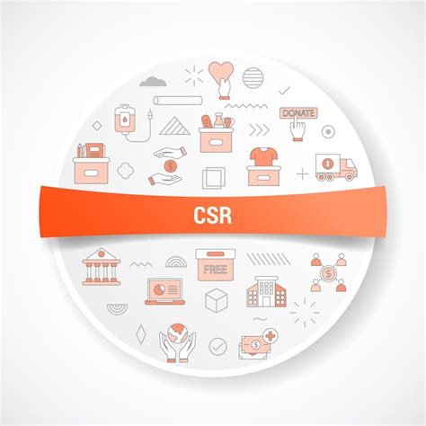 배지에 대한 원형 또는 원형 모양의 아이콘 개념이 있는 Csr 기업의 사회적 책임 개념 프리미엄 벡터