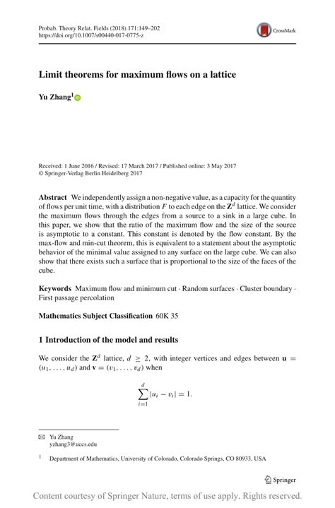 Limit Theorems For Maximum Flows On A Lattice