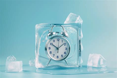 Alarm Clock In Ice Cube Frozen Time Stopping The Time Concept Freeze