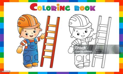 색칠 공부 페이지 계단 사다리가있는 만화 제작자 또는 작업자의 개요 직업 아이들을위한 색칠 공부 책 건설 산업에 대한 스톡 벡터 아트 및 기타 이미지 Istock