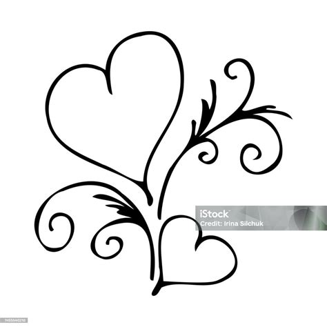 흰색 배경에 검은색 윤곽이 그려진 하트 몇 개 발렌타인 데이 결혼식 및 낭만적 인 사랑 그림을위한 낙서 스케치 흰색 배경에 격리