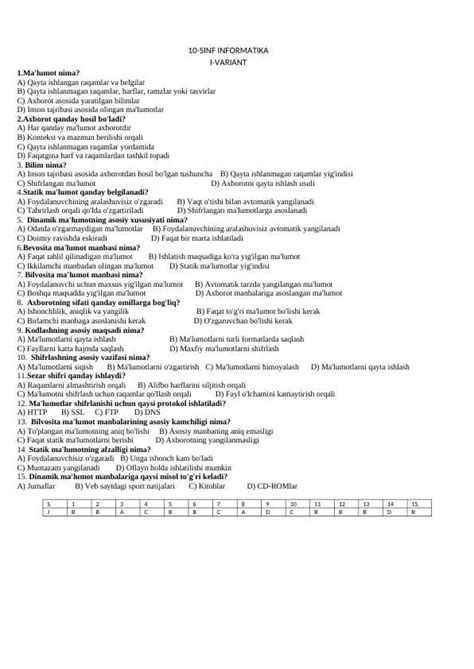 Informatika 10 Sinf Test