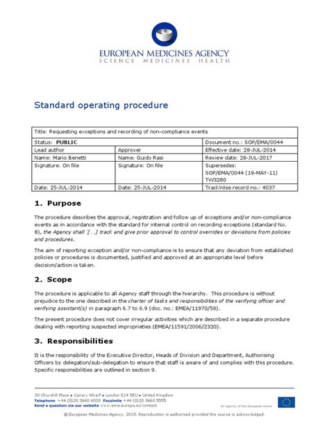 Standard Operating Procedures For Request Of Exceptions And Deviations