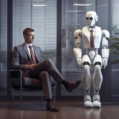Premium Ai Image A Man In A Suit And A Robot At A Job Interview