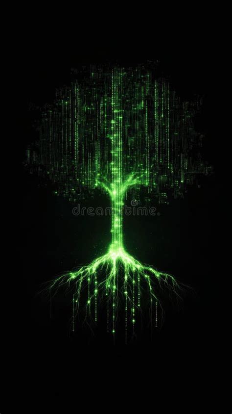 Digital Tree With Glowing Roots Made Of Data Symbolizing Growth And Technology Stock