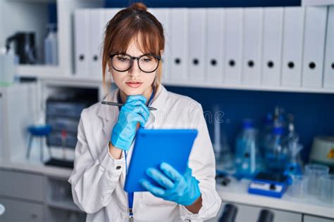 Young Woman Scientist Using Touchpad At Laboratory Stock Image Image Of Woman Research 267249975