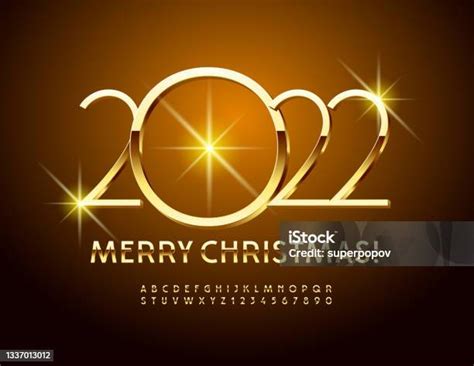 벡터 세련된 인사말 카드 메리 크리스마스 2022 슬림 골드 알파벳 문자 및 숫자 세트 금 금속에 대한 스톡 벡터 아트 및 기타 이미지 금 금속 금색 12월 31일