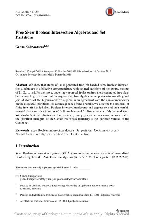 Free Skew Boolean Intersection Algebras And Set Partitions Request Pdf