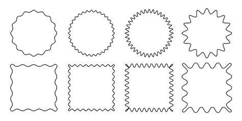 가리비 프레임 세트 구불구불한 가장자리 테두리가 있는 다양한 물결 모양 지그재그 스탬프 또는 사진 배지 태그 디자인을위한 스티커를 흔들 수 있습니다 흰색 배경에 고립된