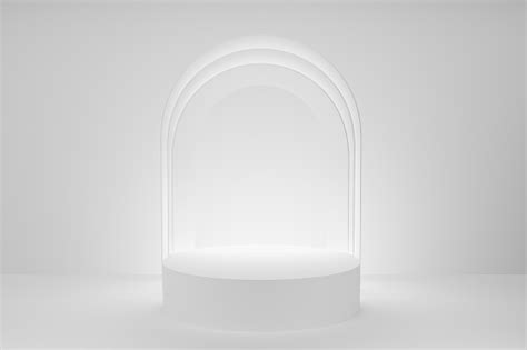 3d 사실적인 연단 배경 밝은 그라데이션 흰색에 흰색 원통형 연단 1개 빛나게 빛나는 아치 장식 모형 3d 렌더링 전시 제품 장면 진열장을 위한 미니멀리스트 단계 0명에