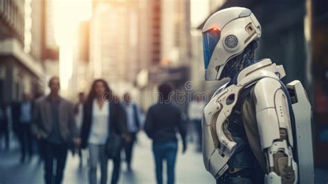 Employee Robot Walking With Peoples Humanoid Ai Robot Crossing Street