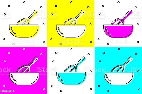 색상 배경에 고립 된 주방 거품기와 그릇 아이콘을 설정합니다 조리 기구 계란 비터 칼 붙이 기호 음식 믹스 기호 벡터 강철에 대한 스톡 벡터 아트 및 기타 이미지 Istock