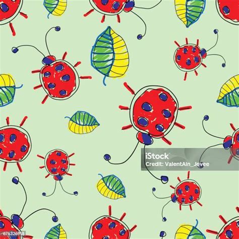 곤충과 원활한 벡터 패턴입니다 귀여운 손 유치 무당벌레와 잎 끝 없는 배경 그려 낙서 만화 및 스케치 일련의 완벽 한 패턴 벡터 0명에 대한 스톡 벡터 아트 및 기타 이미지