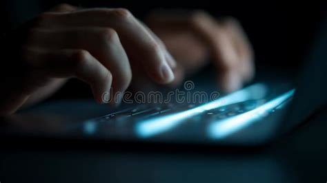 Close Up Of Hands Typing On A Laptop Keyboard In A Dimly Lit Environment While Focused On Work