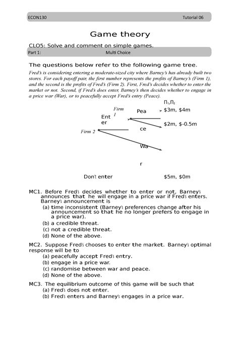 ECON Tutorial Game Theory Part Multi Choice Game Theory CLO Solve And Comment On