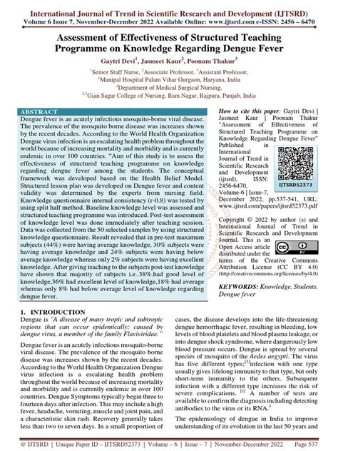 Assessment Of Effectiveness Of Structured Teaching Programme On Knowledge Regarding Dengue Fever