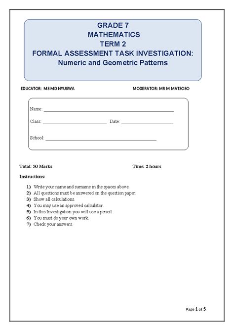 Grade 7 Mathematics Investigation Numeric And Geometric Patterns 2024