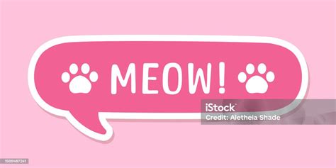 발자국 스티커 디자인이 있는 Meow 말풍선 야옹 텍스트 귀여운 손으로 그린 인용문 고양이 소리 손글씨 낙서 문구 인쇄 카드 포스터 등을 위한 벡터 그림 그래픽