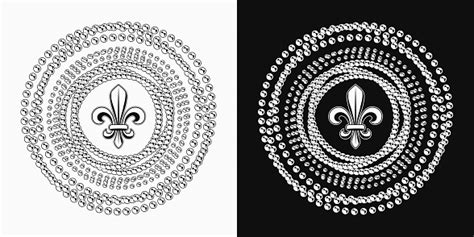둥근 흑백 카니발 마디 그라 패턴과 얽힌 구슬 가닥 중앙에 있는 플뢰르 드 리스 기호 인쇄 의류 접시 의류 티셔츠 표면 디자인 Mardi Gras에 대한 스톡 벡터 아트 및