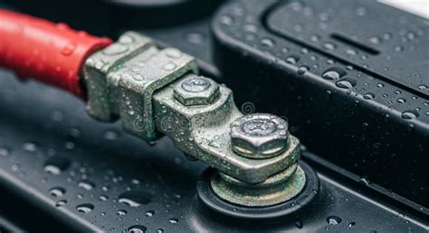Extreme Close Up Of Car Battery Terminal With Red Cable And Water