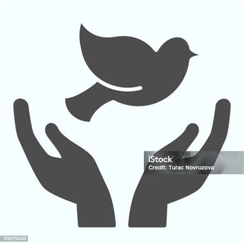 손에 비둘기 솔리드 아이콘 흰색에 격리 된 평화 벡터 그림의 비둘기입니다 비둘기 문말 스타일 디자인 웹 및 응용 프로그램을 위해 설계 Eps 10 10에 대한 스톡 벡터