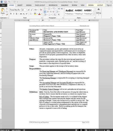 Receiving Inspection Procedure Template Word