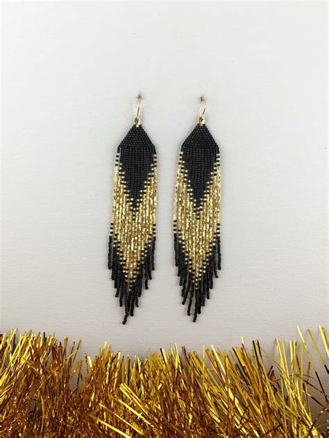 Black And 24k Gold Beaded Earrings Bohemian Jewelry Seed Etsy