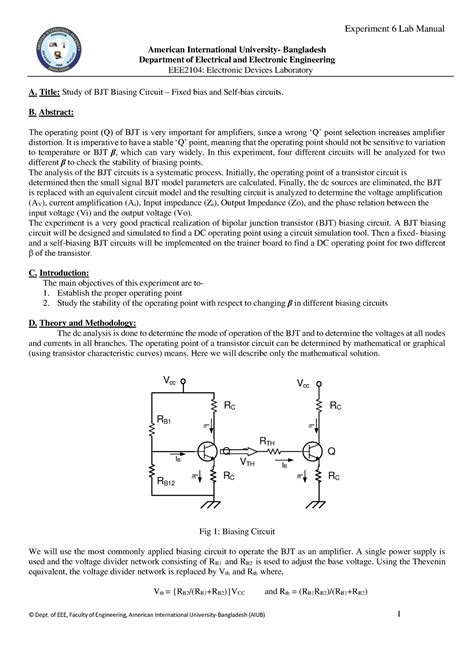Study Of BJT Biasing Circuit Fixed Bias And Self Bias Circuits Lab Manual American