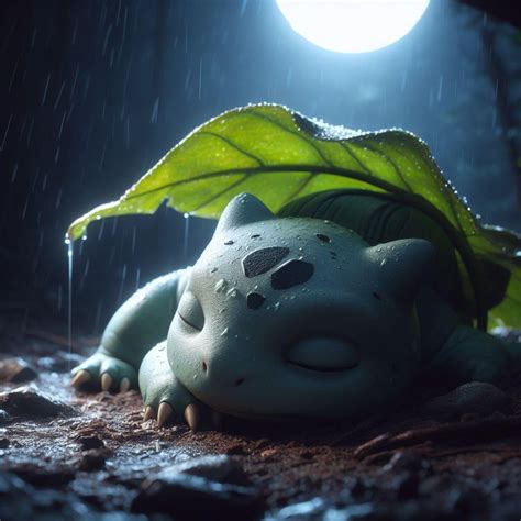 Bulbasaur Sleeping Under A Leaf In A Rainy Moonlit Forest Raiart