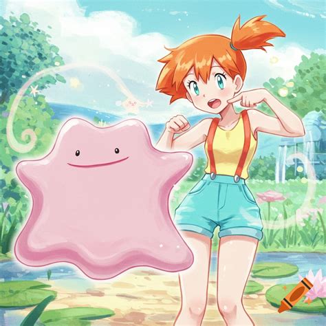 Misty From Pokemon In A Yellow Top And Blue Shorts Pointing At A Pink