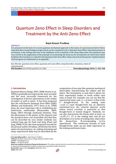 Pdf Quantum Zeno Effect In Sleep Disorders And Treatment By The Anti