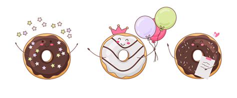 화려한 귀여운 도넛 세트입니다 낙서 스타일의 도넛 캐릭터의 벡터 그림 카페 베이커리 또는 제조업체의 웹 사이트에 사용하기에 적합합니다 스티커 엽서 배너 또는 포스터에 이상적