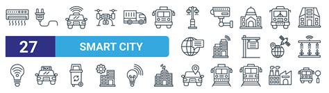Ac 플러그 스마트 자동차 Cctv 스마트 시티 택시 위치 웹 디자인 모바일 앱을위한 버스 정류장 벡터 얇은 선 아이콘과 같은 27 개의 개요 웹 스마트 시티 아이콘 세트
