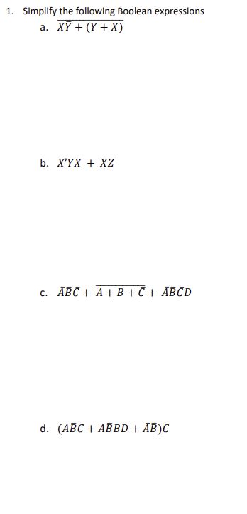 Solved 1 Simplify The Following Boolean Expressions A