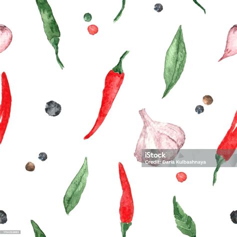 향신료의 수채화 원활한 패턴입니다 마늘 칠리 페퍼 베이 리프 카이엔 페퍼 음식이 있는 배경 향신료가 있는 배경 주방 직물 포스터 인쇄물 배너 전단지 디자인 개념에 대한 스톡
