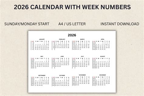 Calendar With Week Numbers 2026 Free Printable Templates