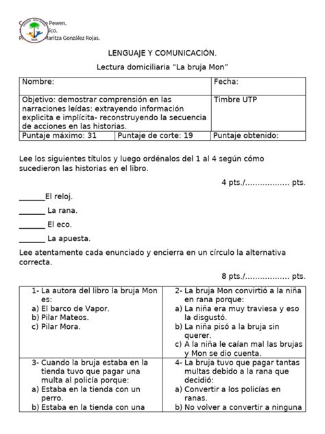 Prueba De Comprensión La Bruja Mon Pdf