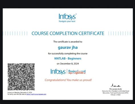 Course Completion Certificate For Matlab From Infosys Gaurav Jha