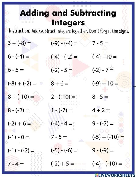 Free Printable Addition Subtraction Integers Worksheets Worksheets