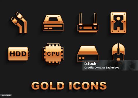 Cpu 하드 디스크 드라이브 Hdd 컴퓨터 마우스 서버 데이터 웹 호스팅 라우터 및 와이파이 신호 Lan 케이블 네트워크 인터넷 및 광학 디스크 아이콘프로세서를 설정합니다