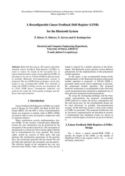 Pdf A Reconfigurable Linear Feedback Shift Register Lfsr For The Bluetooth System