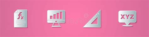 Set Paper Cut Function Mathematical Symbol Computer Monitor With Graph Chart Triangular Ruler